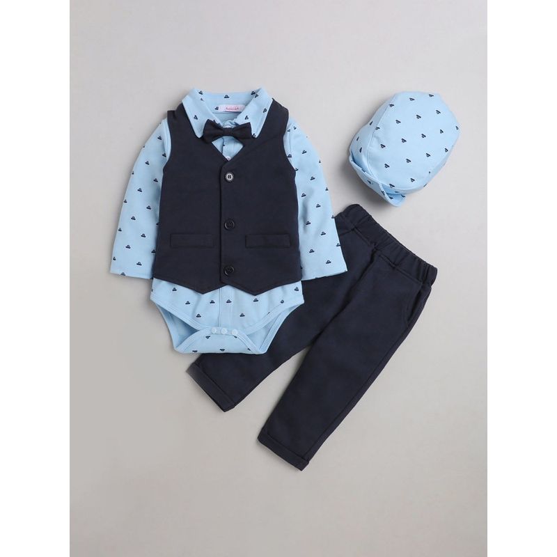Buy Hopscotch Boys Blue All-Over Print Onesie, Waistcoat and Pant ...