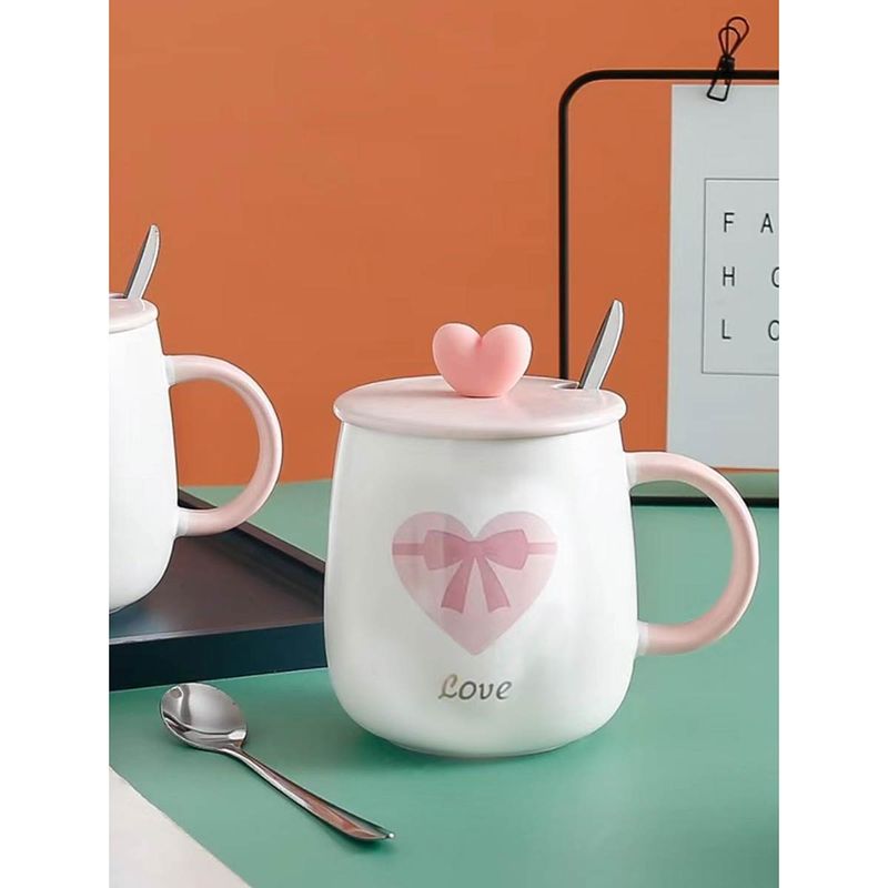 Nestasia White And Pink Ceramic Love Mug with Lid And Spoon: Buy ...