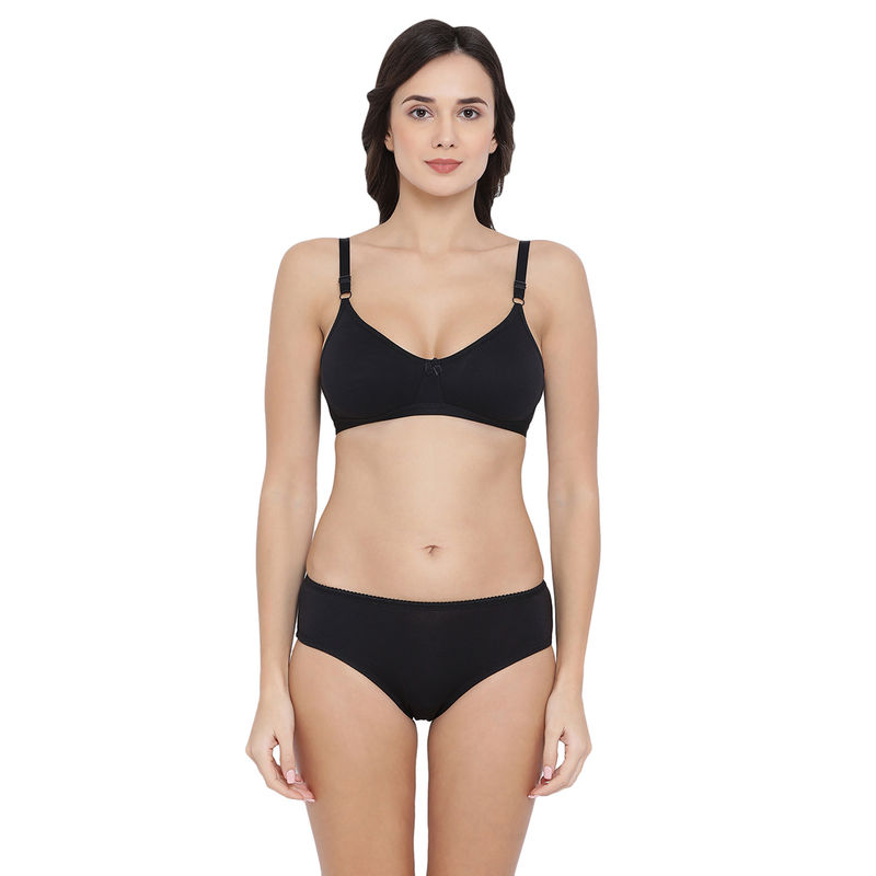 Buy Clovia Cotton Rich Non-Padded Non-Wired T-Shirt Bra & Mid Waist Hipster Panty - Black Online