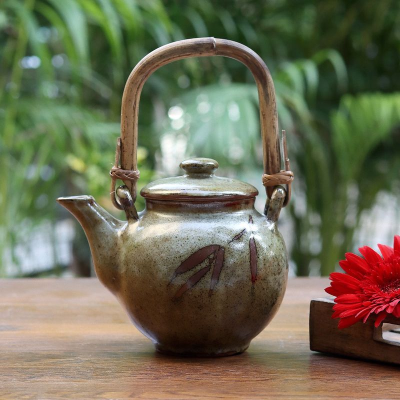 Buy NAKSHIKATHAA Studio Pottery Olive Green Teapot With Cane Handle ...