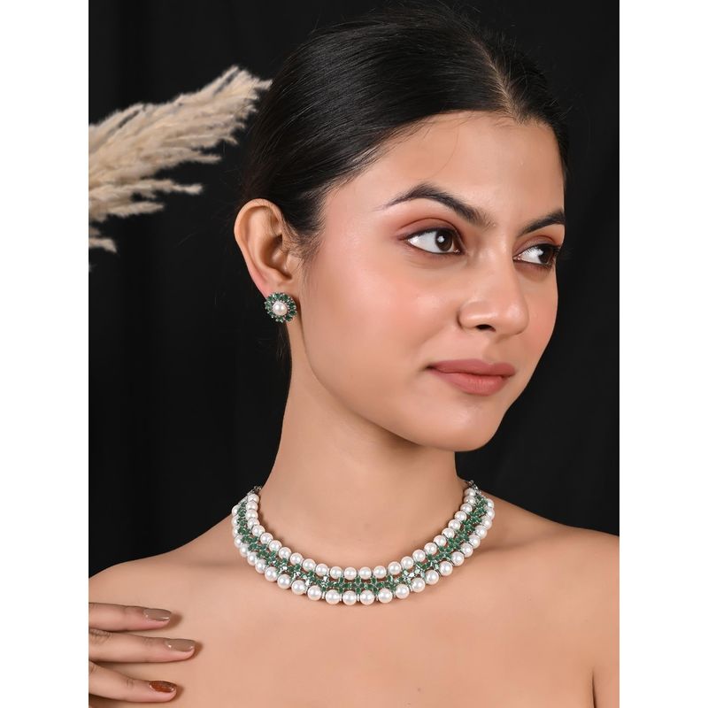 Buy Ratnavali Jewels Silver Plated White Pearl Green Cz Mix Jewellery ...