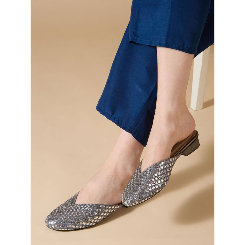 Buy Inc.5 Women Pewter Grey Ethnic Embellished Round Toe Block Heel ...