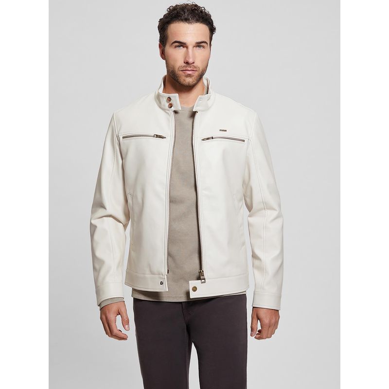 Buy Guess Men White Solid Hight Neck Full Sleeves Biker Jacket Online