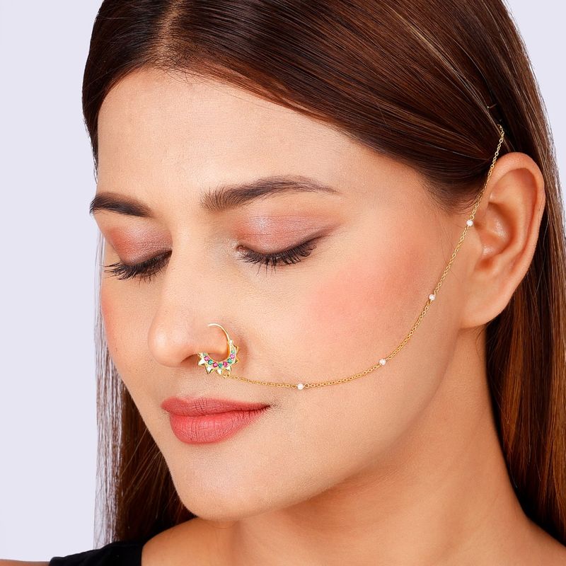 Buy GIVA Sterling Silver Golden Colourful Nose Ring with Chain for ...