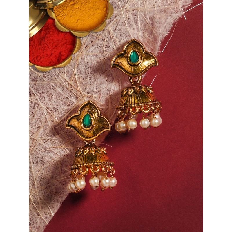 Buy OOMPH Antique Gold Tone Green Stones and Beads Floral Ethnic Jhumka Earrings Online