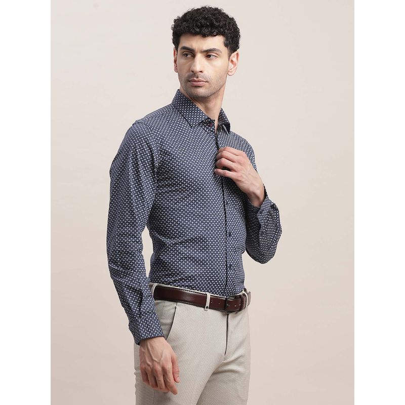 Buy Turtle Men Cotton Tencel Printed Regular Fit Blue Formal Shirt Online