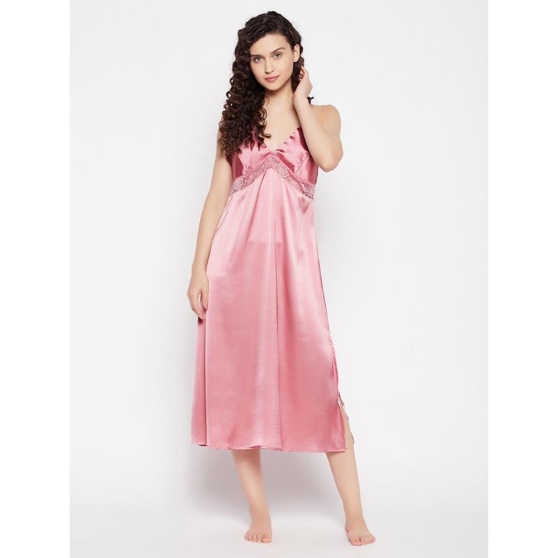 Buy Clovia Satin Solid Long Night Dress Pink Online