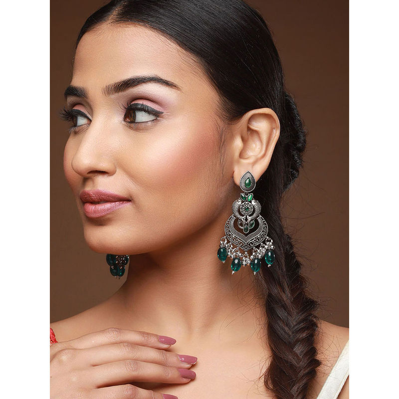 Buy Aatmana Green Silver-Plated Kundan Studded Fish Shaped Chandbalis ...