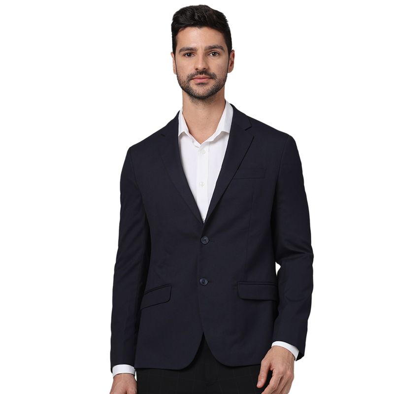 Buy CELIO Men Navy Blue Solid Slim Fit Polyester Suit Blazer Online