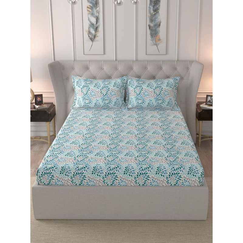 Buy Inhouse by Maspar Glam Laura Blue Print 144TC Cotton King Bed Sheet ...