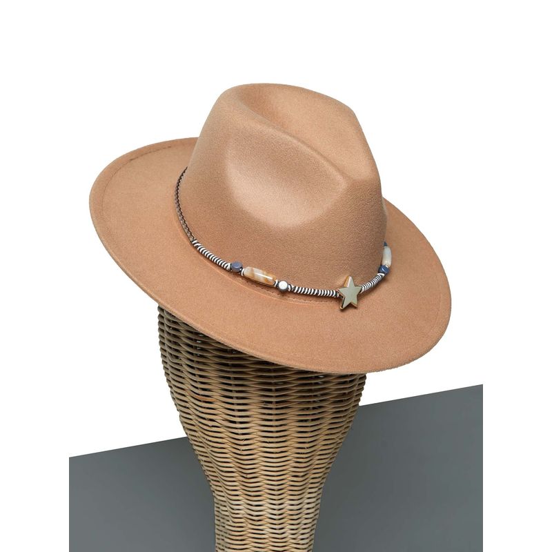 Buy CHOKORE Unisex Edgy Starry Belt Design Solid Khaki Fedora Hat Online