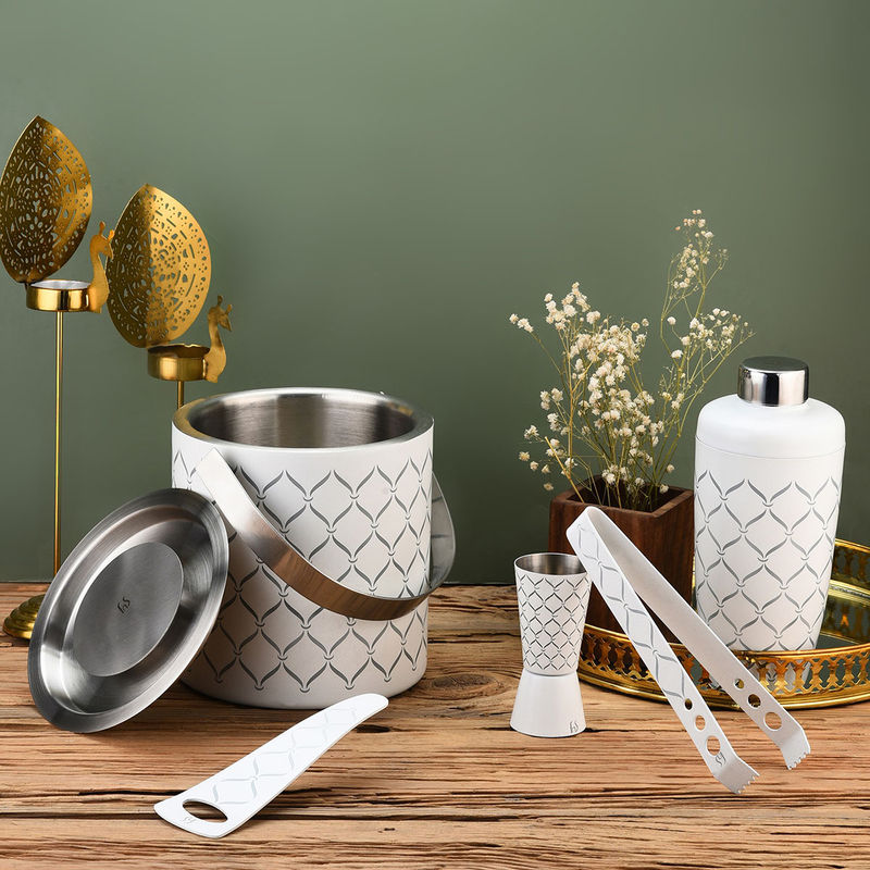 Buy FNS Zurich White Finish 5 Pc Bar Set (Ice Bucket, Cocktail Shaker ...