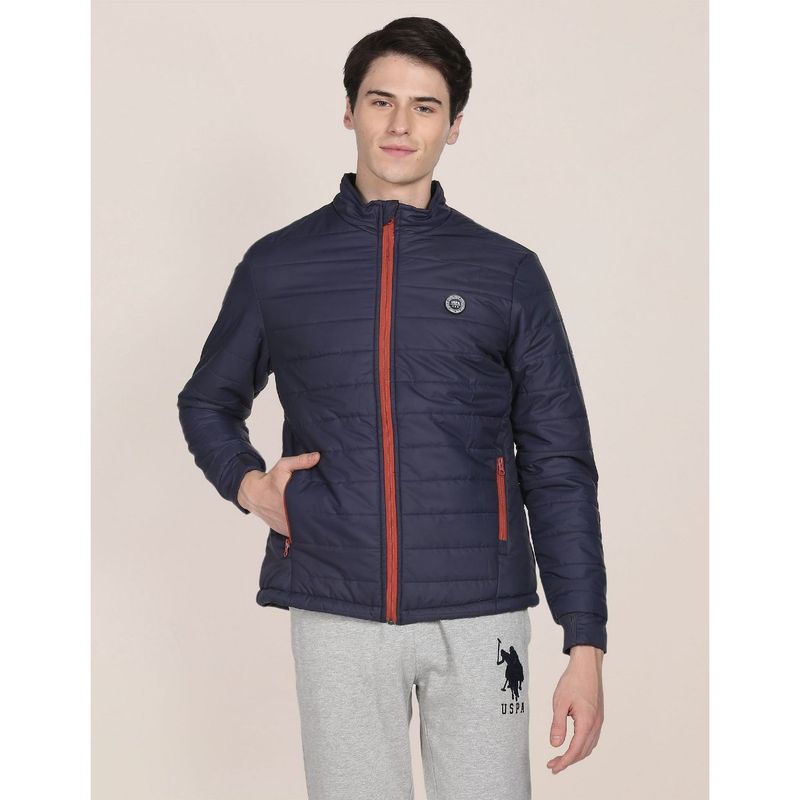 U.S. POLO ASSN. Men Navy Blue High Neck Solid Polyester Padded Jacket ...