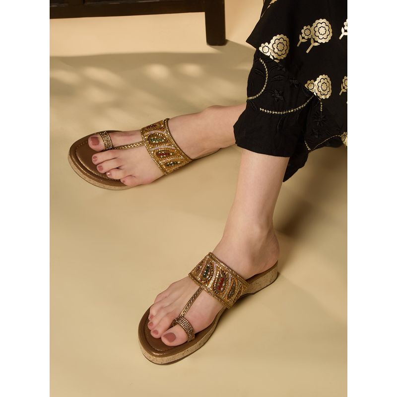 Buy Inc.5 Women Golden Ethnic Embellished One Toe Kolhapuris Online
