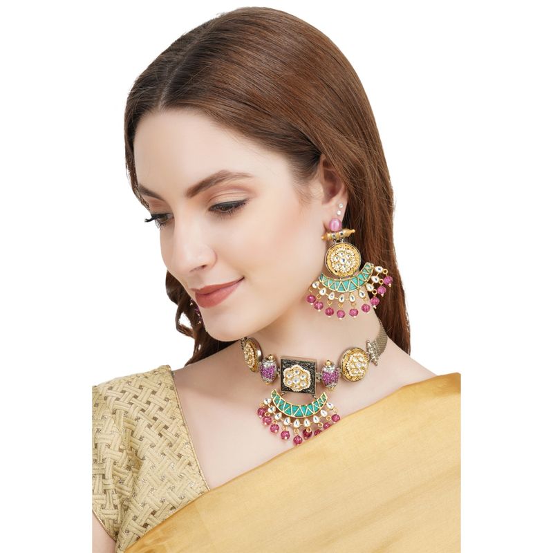 Buy Auraa Trends Kundan and Zircon Dull Gold Finish Choker Necklace Set ...
