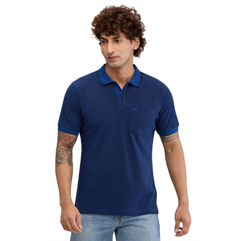 Buy Raymond Slim Fit Solid Navy Blue Front Pocket Polo T-Shirt Online