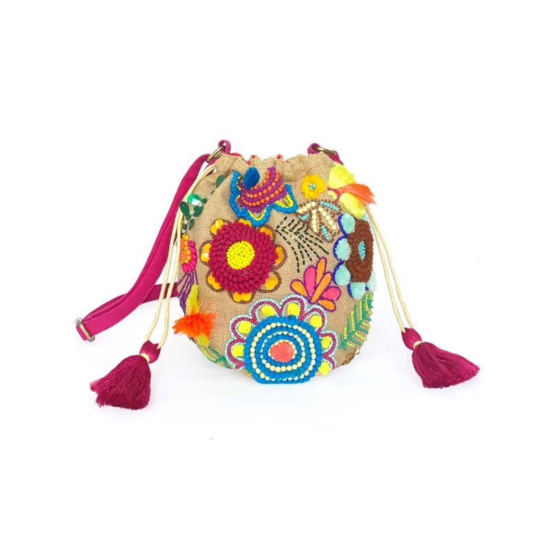 Buy PRAVO Multicolour Handcrafted Jute Draw-String Crossbody Bag Online