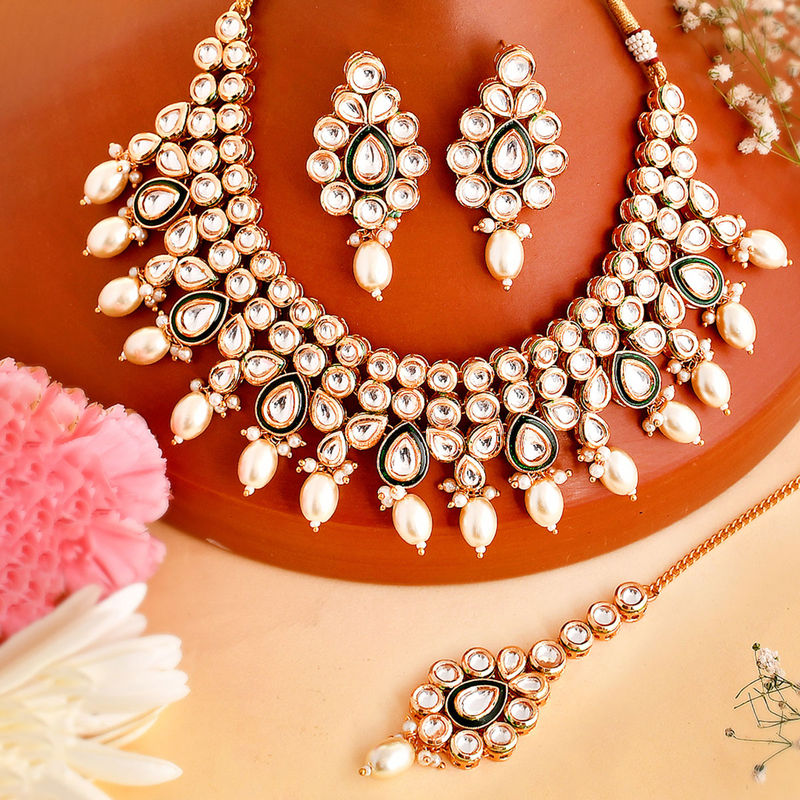 Buy Voylla Elegance White Pearls and Faux Kundan Gold Plated Maang Tika ...