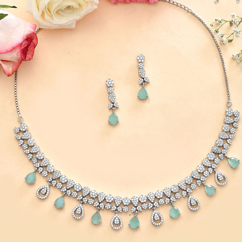 Buy Voylla Elegance Green and White Teardrop Cut Cz Jewellery Set Online