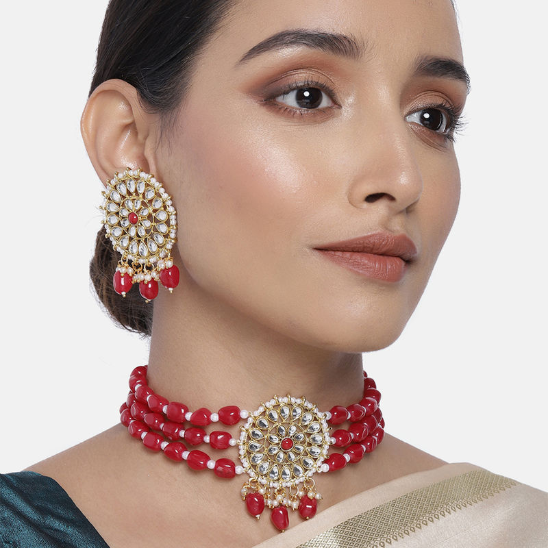 Buy Peora Gold Plated Faux Pearl Maroon Beaded Choker Necklace ...