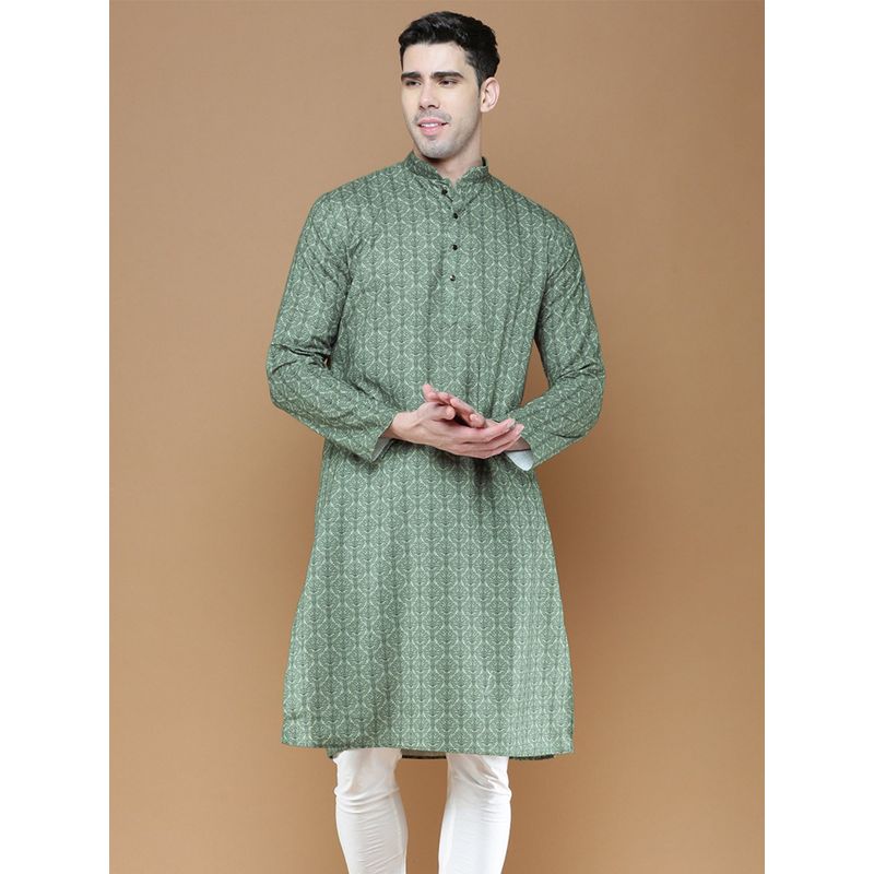 Buy Sanwara Stylish Traditional Green Printed Cotton Kurta for Men Online