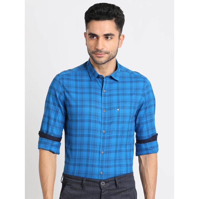 Buy Turtle Men Cotton Slim Fit Blue Check Full Sleeve Casual Shirt Online