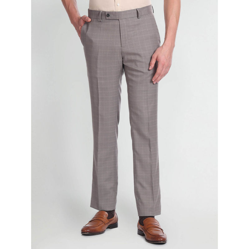 Buy Arrow Regular Fit Checks Formal Trouser-Grey Online