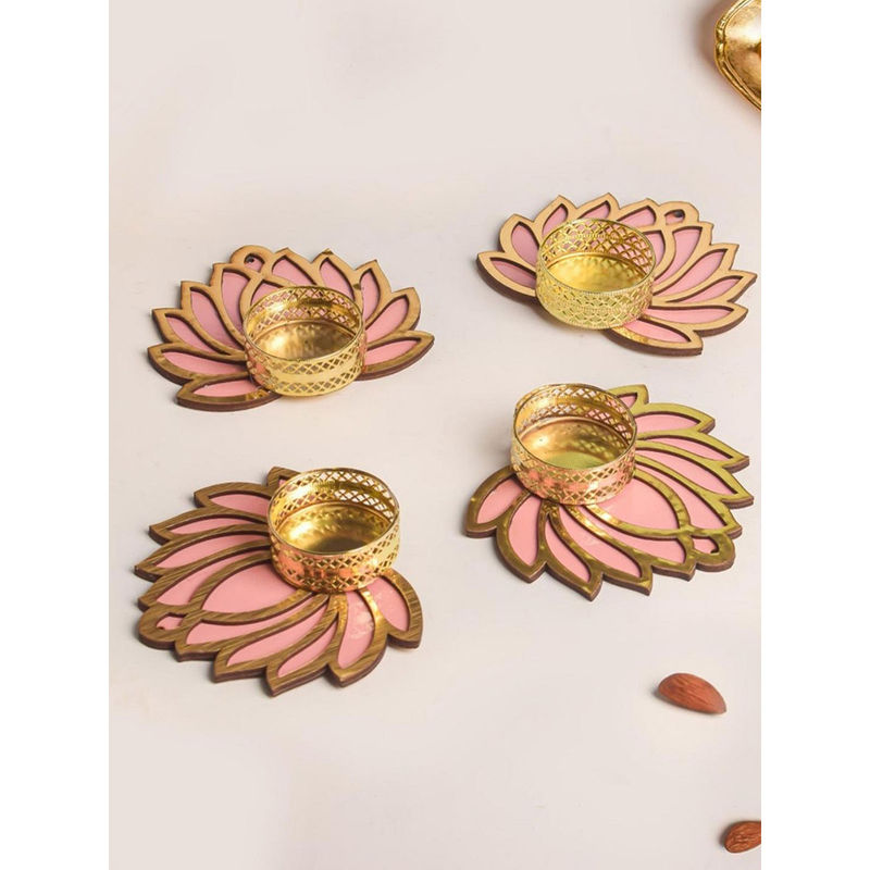 Buy Nestasia Set of 4 Peach & Golden Lotus Tea Light Candle Holder Online