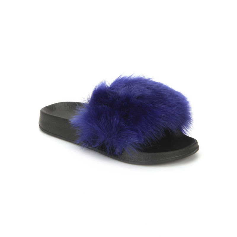 Buy Truffle Collection Cobalt Black Fur Sliders Online