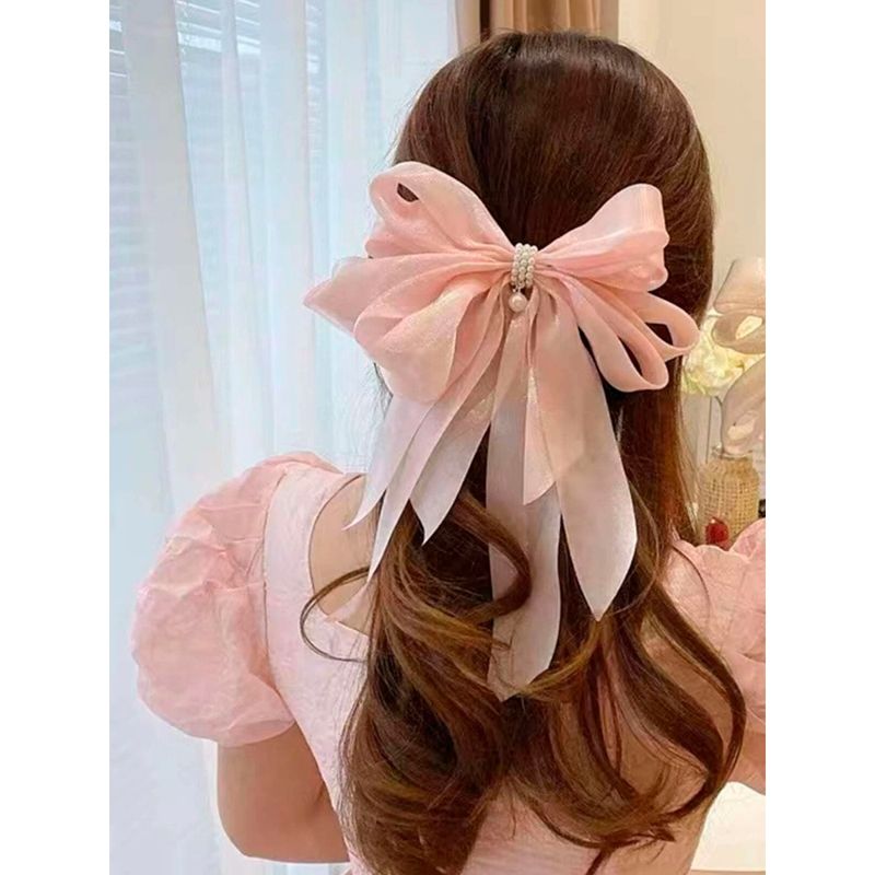 Buy OOMPH Pink Shimmer Organza Large Big Bow with Pearls Hair Barrette ...