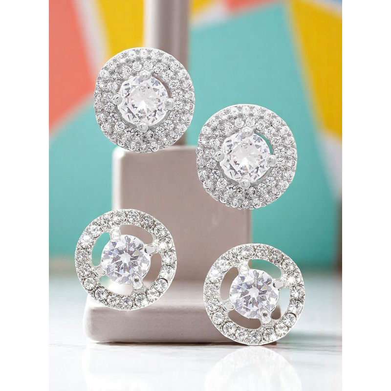 Buy OOMPH Combo Of 2 Silver Cubic Zirconia Round Solitaire Ear Stud ...