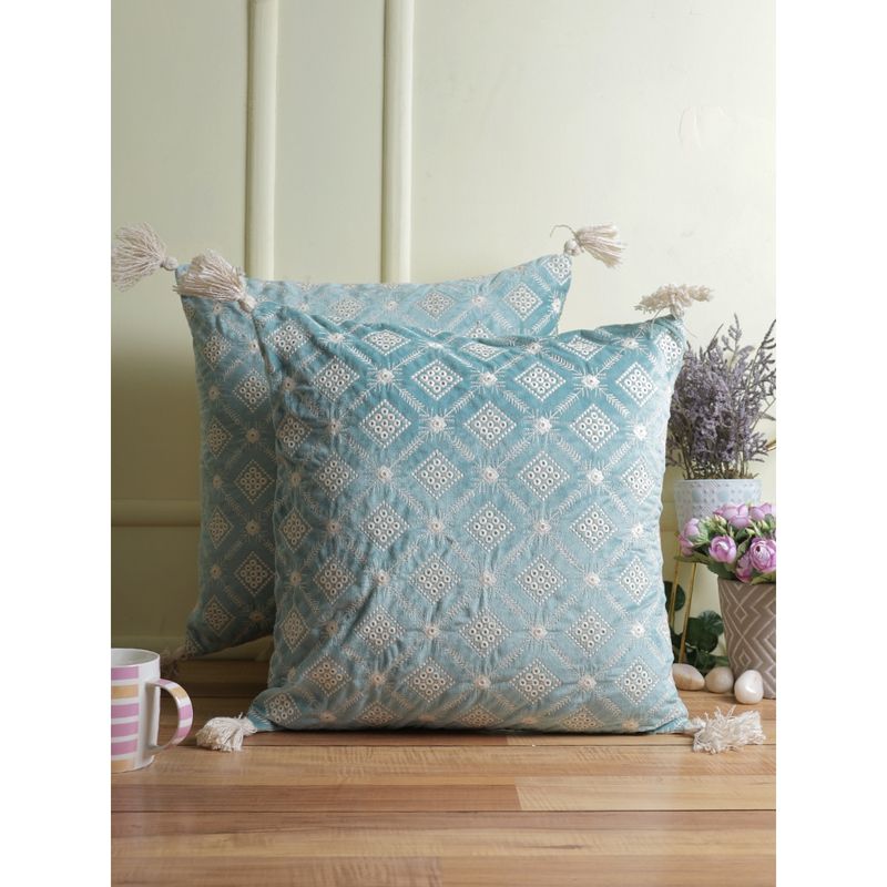 Buy eyda Super Soft Turquoise Blue Color Set Of 2 Embroidered Cushion ...