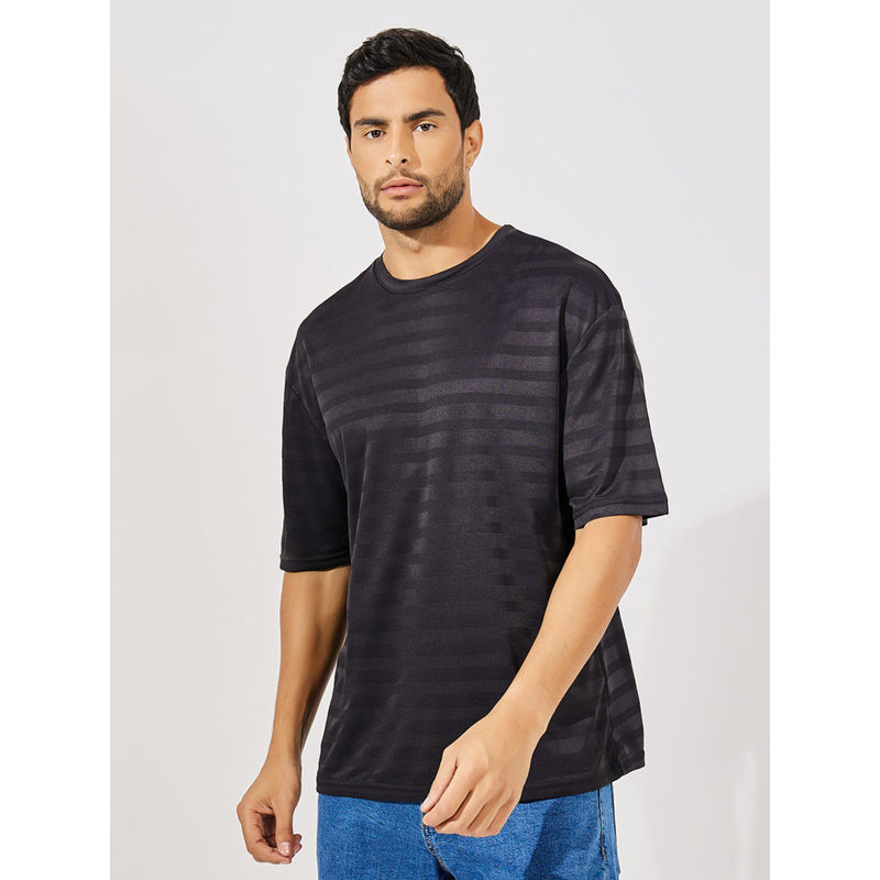 Buy Styli Black Self Stripe Stretch Knit Oversized Crew Neck T-Shirt Online