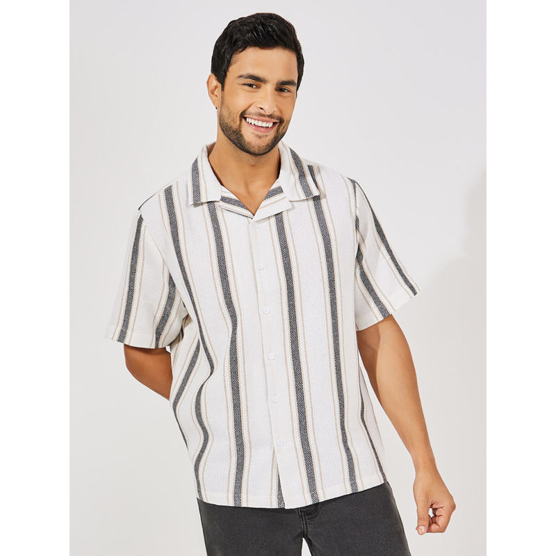 Buy Styli White Striped Cotton Dobby Resort Collar Relaxed Fit Shirt Online