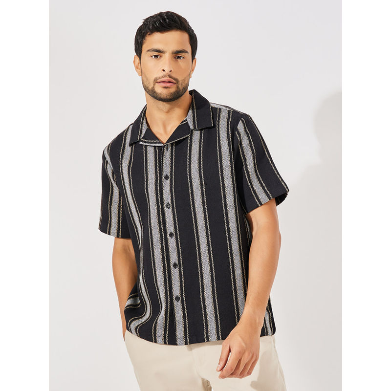 Buy Styli Black Striped Cotton Dobby Resort Collar Relaxed Fit Shirt Online