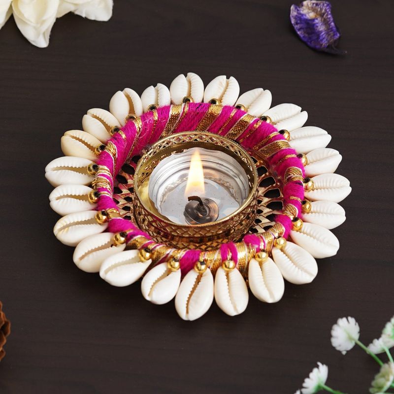 Buy eCraftIndia Pink and White Cowrie Shell Decorative Metal Tea Light ...