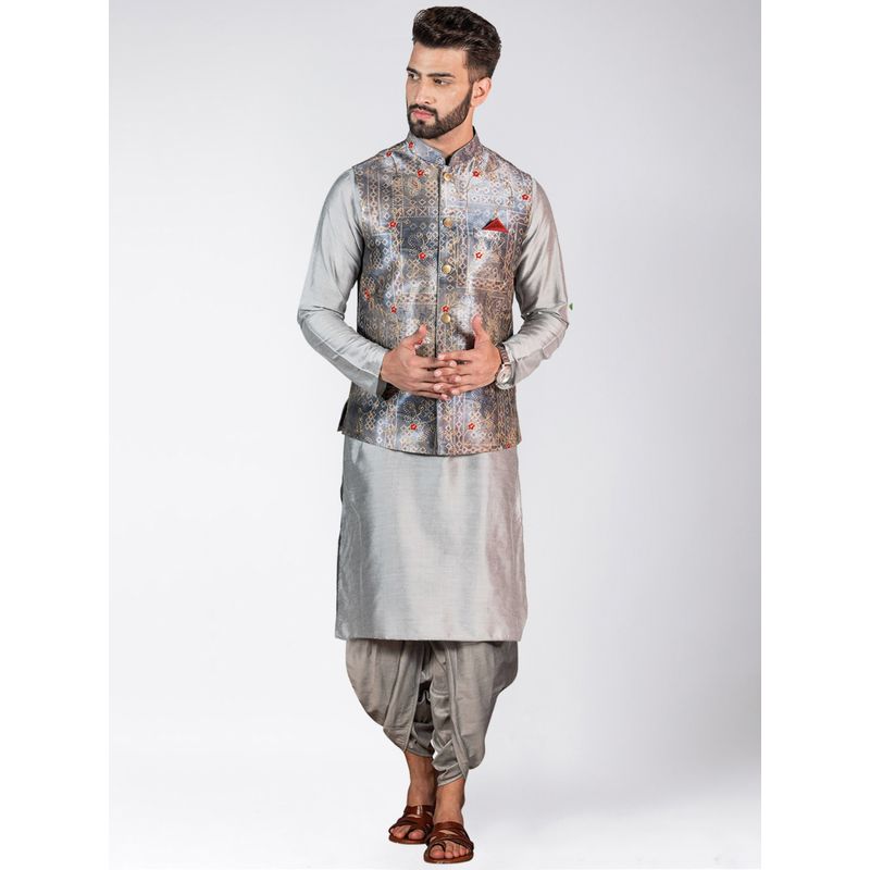 Buy KISAH Mens Grey Kurta Jacket Dhoti Pants (Set of 3) Online