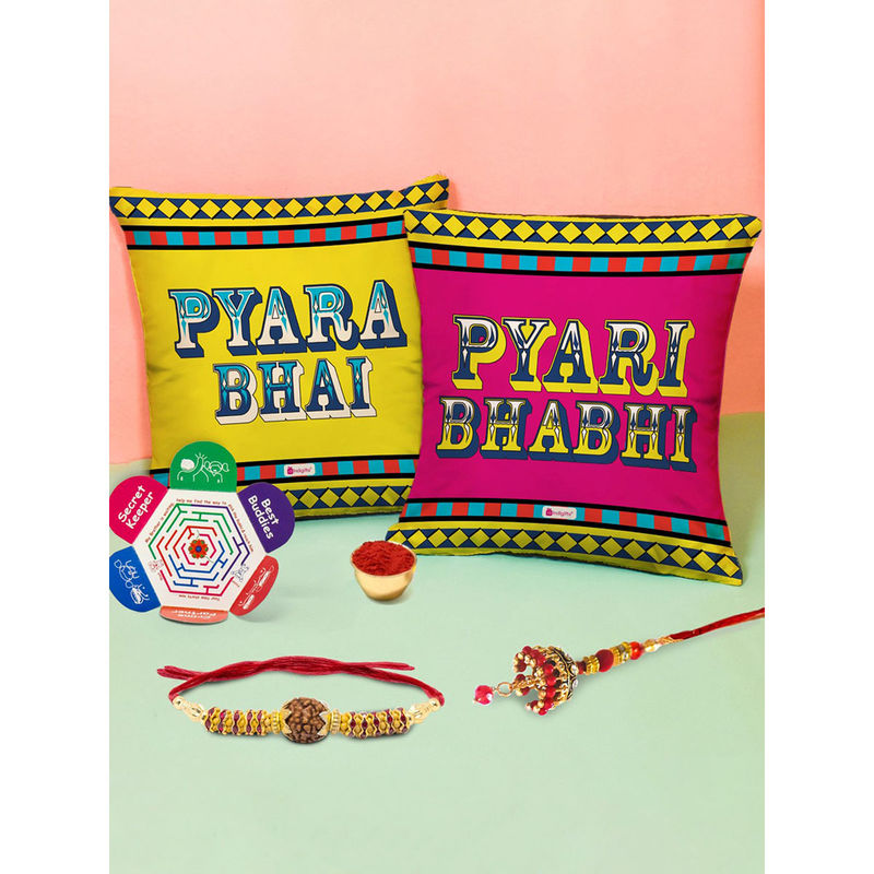 Buy Indigifts Pyara Bhai Pyari Bhabhi Cushion Set of 2 and Rakhi Gift ...