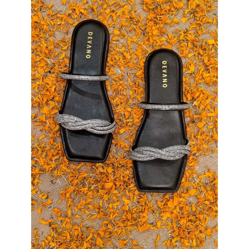 Buy Devano Black And Silver Twisted Crystal Flats Online