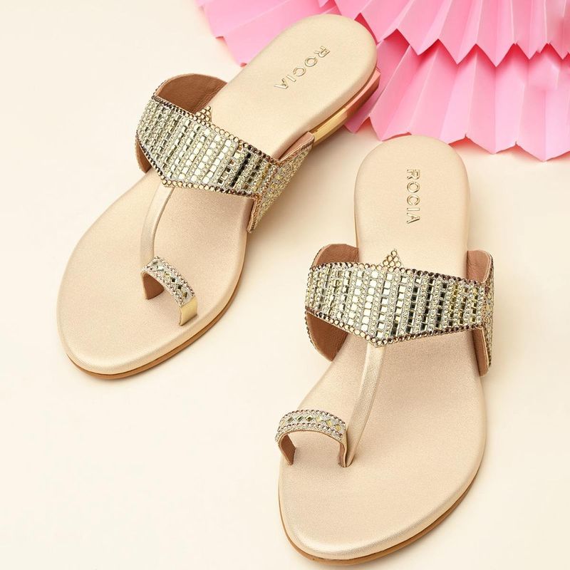 Buy ROCIA Women Gold One Toe Diamond Studded Small Sandals Heels Online