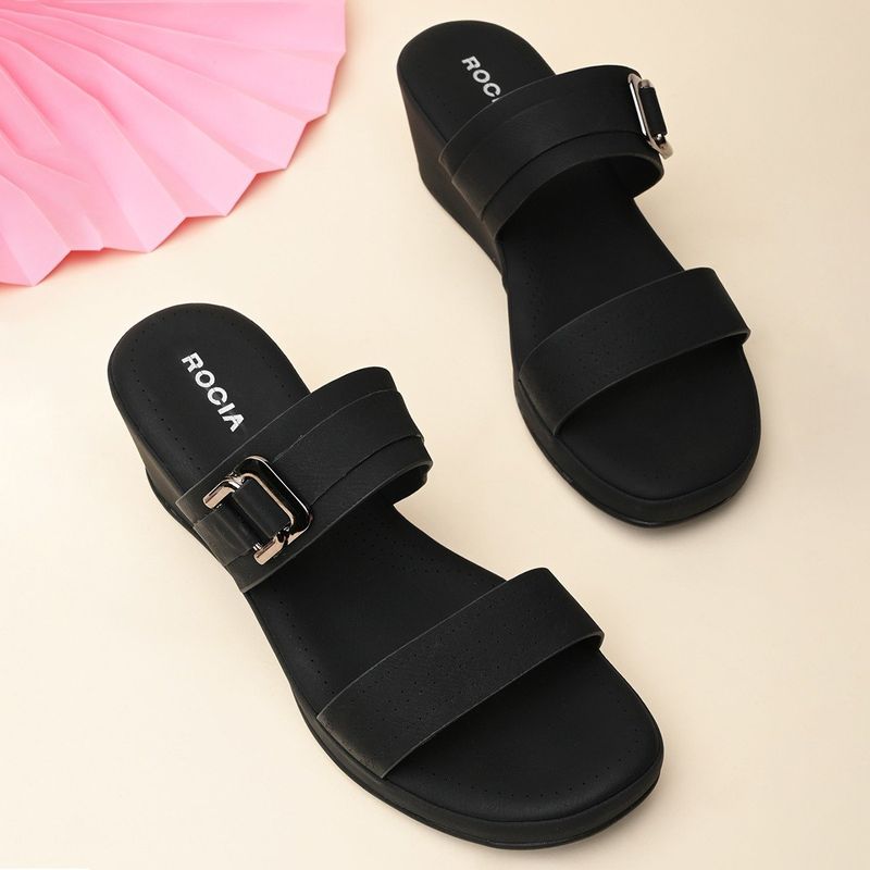 Buy ROCIA Women Black Classy Buckled Wedges Heels Online