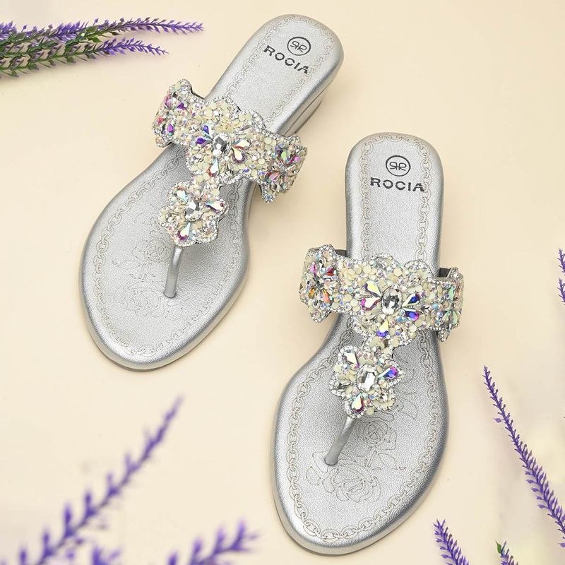 Buy ROCIA Women Silver Heavy Embroidered Small Wedges Heels Online