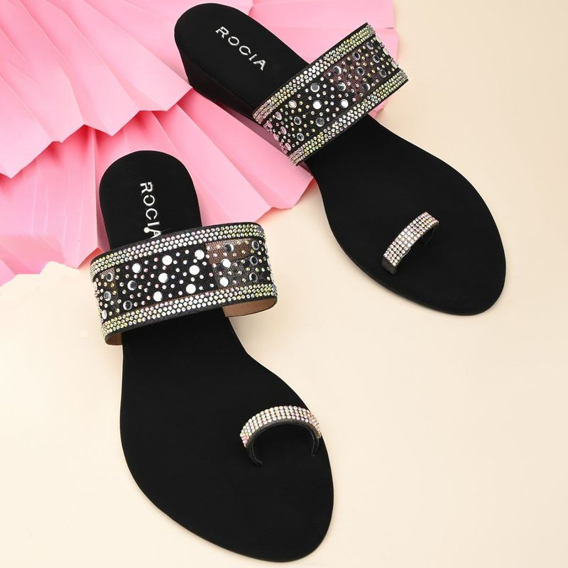 Buy ROCIA Women Black One Toe Diamond On Vinyl Fancy Wedges Heels Online