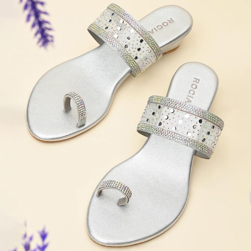 Buy ROCIA Women Silver One Toe Diamond On Vinyl Fancy Wedges Heels Online
