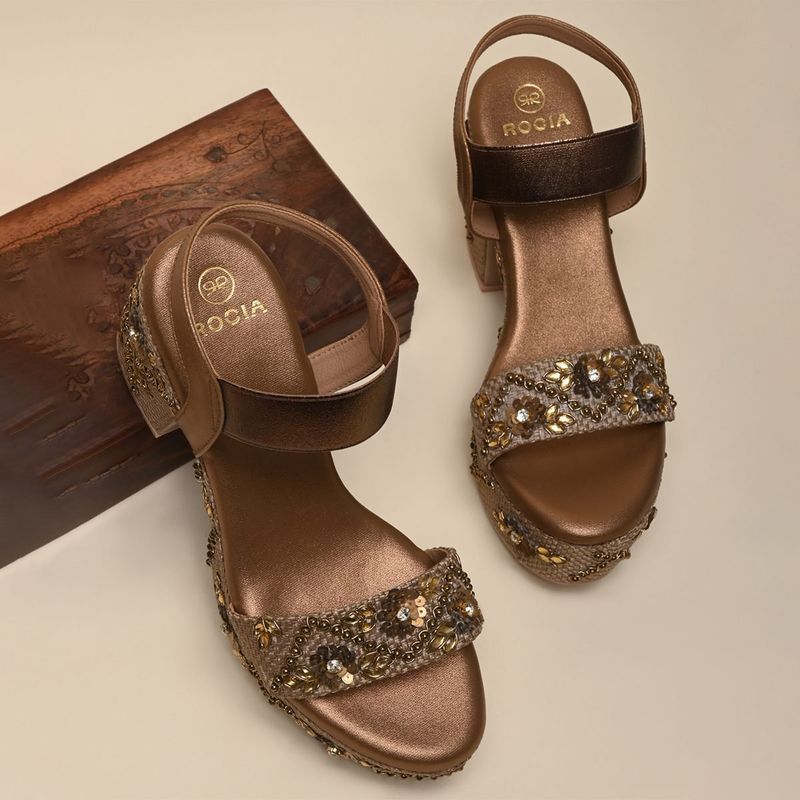 Buy ROCIA Women Copper Embroidered High Sandals Heels Online