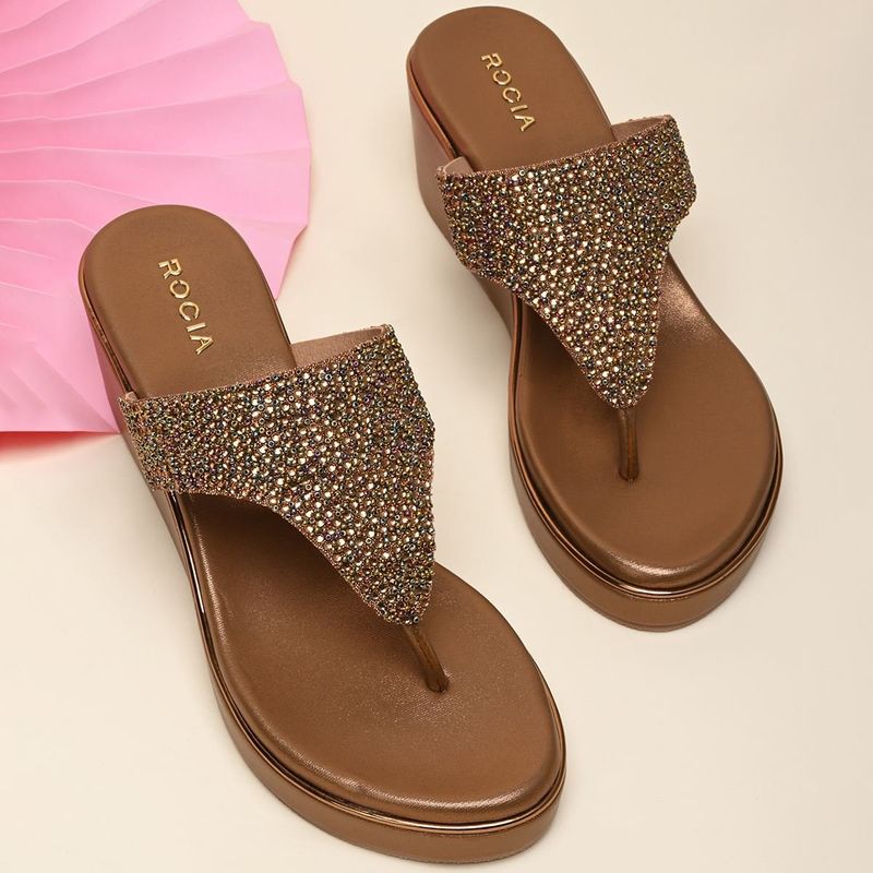 Buy ROCIA Women Copper Embroidered Wedges Sandals Online