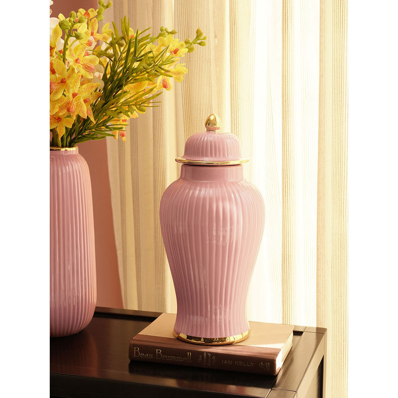 Buy Pure Home + Living Light Pink Ribbed Ceramic Urn with Lid - Small ...