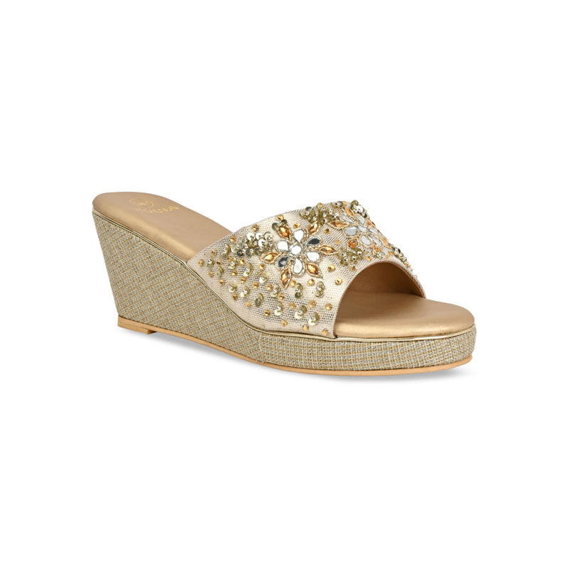 Buy ROCIA By Regal Gold Women Mirror Work Wedges Online