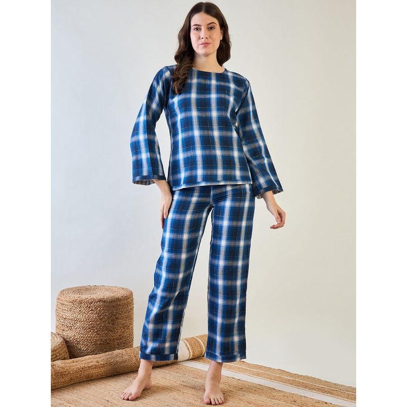 Buy The Kaftan Company Comfortable Blue Plaid Cotton Pyjama (Set Of 2 ...