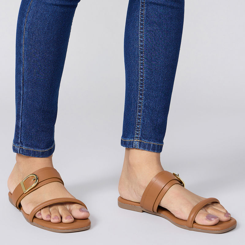 Buy Twenty Dresses by Nykaa Fashion Tan Dual Strap Buckle Slider Flats ...
